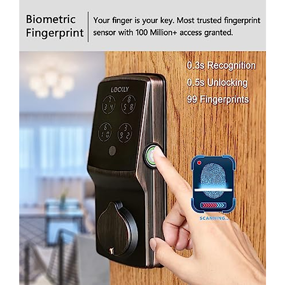 Lockly Secure Pro Deadbolt, Wi-Fi Smart Lock, Keyless Entry Door Lock, Smart Locks for Any Doors, PIN Genie® Keypad, 3D Biometric Fingerprint Sensor, Auto Lock, Rekeying Capability - Venetian Bronze