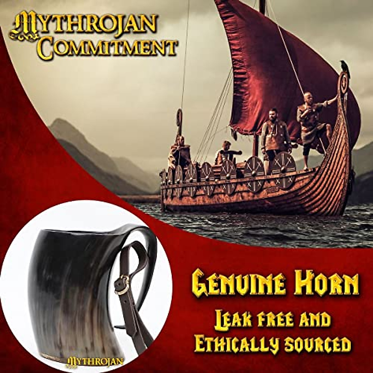 Mythrojan Viking Horn Mug Tankard with Leather Strap Safely Holds Hot and Cold Liquids Coffee Hot Chocolate - Wine Beer Mead