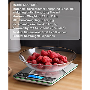 Nicewell Food Scale, 22lb Digital Kitchen Scale Weight Grams and oz for Cooking Baking, 1g/0.1oz Precise Graduation, Stainless Steel and Tempered Glass