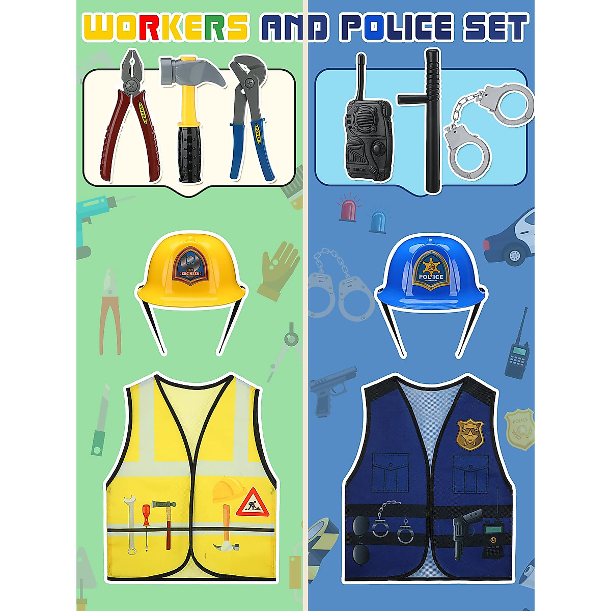 Hungdao 6 Sets Kids Dressing up Costumes, Toddler Dressing up and Pretend for Age 6-10 for Dress up Police,fireman, Doctor,construction Worker, Chef and Explorer