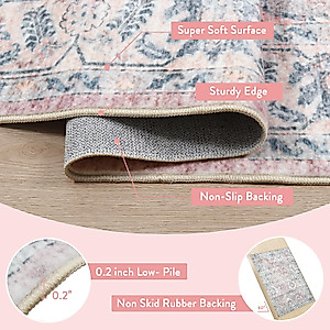 LIVEBOX Washable Rugs 8x10 for Girls Bedroom, Light Pink Area Rugs for Girls Room, Soft Non-Shedding Boho Living Room Rugs, Low-Pile Floral Rug Faux Wool Bedroom Rug 8x10 Under Bed, Blush/Blue