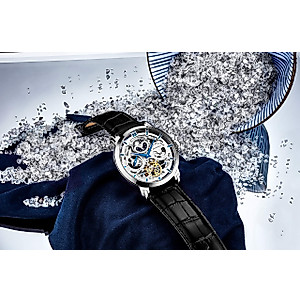 Stuhrling Original Legacy Men's Automatic Watch Stainless Steel 46 MM Case Genuine Leather Strap Watch Black (Silver)