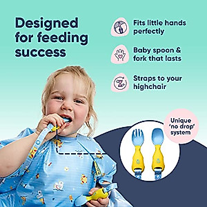 BIBaDO - Handi Toddler Cutlery, Food-Safe Toddler Utensils, Toddler Fork and Spoon Set, Toddler Eating Utensils for Babies 6 Months and Up, Attaches to Bibado Coverall Bib, Ducklings Pool Party
