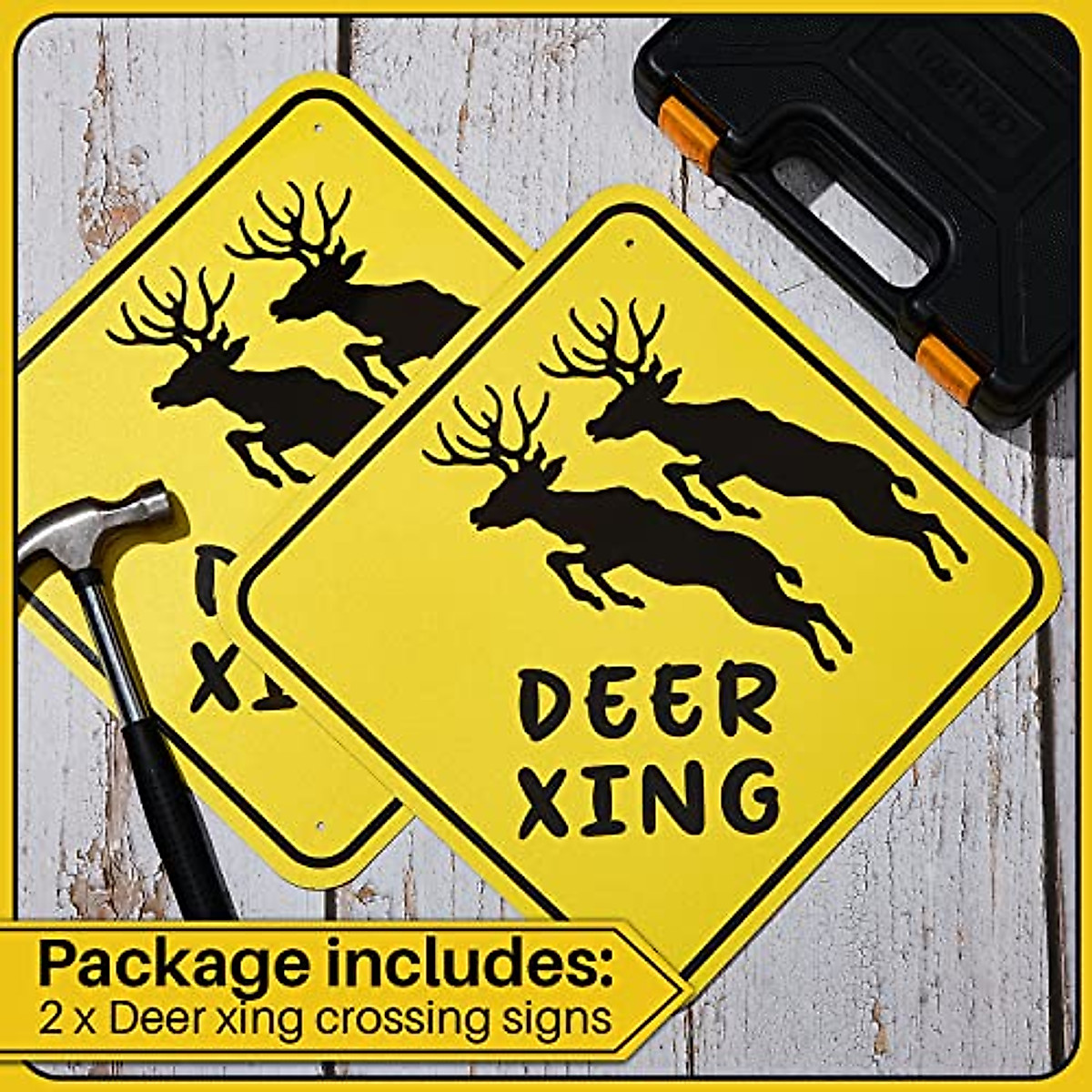 Therwen 2 Pcs Deer Xing Crossing Sign 12 x 12 Inch Animal Deer Road Sign Aluminum Reflective Black on Yellow Metal Sign Weatherproof Rust Fade Resistant Easy Mounting for Outdoor Use