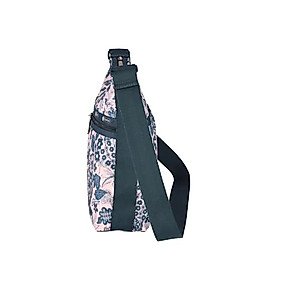 LeSportsac Rooks and Roses Large Hobo Crossbody Bag, Style 3710/Color E483, Slate Blue Whimsical Roses, Graceful Branches & Leaves Artfully Arranged on Pearlized Pastel Pink Bag