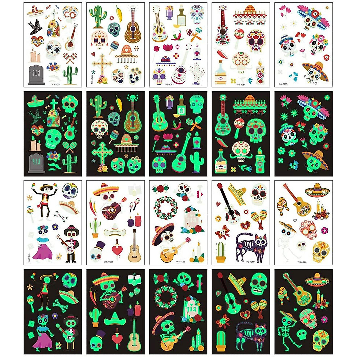 Day of the Dead Luminous Halloween Temporary Tattoo for Kids Adults, 125PCS Waterproof Fake Face Tattoos, Body Stickers Decorations Glow in the Dark, Makeup Party Favors Supplies Decor Boys Girls