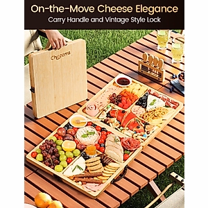 Charcuterie Boards Gift Set, Chezerra Bamboo Cheese Board Set, Folding Cheese Board with Handle, Cheese Knife Set - Unique White Elephant, House Warming, Wedding Gift, Portable Outdoor Cheese Plate