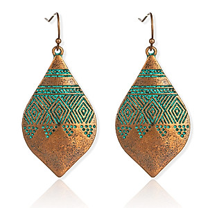 TIANBANGSHI Handmade Vintage leaf Earrings Bohemian Hammered & Engraved Earrings Unique Antique Silver Gold Tribal Ethnic teardrop Shaped Drop Dangle Earrings for Women Jewelry (gold)