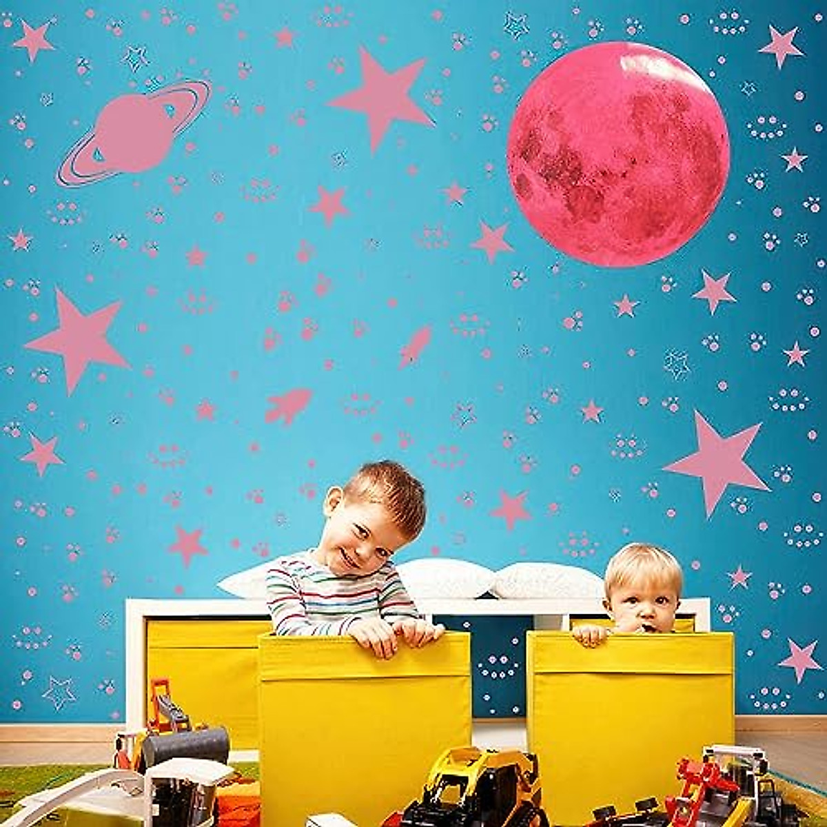 Riakoob Moon and Star Castle Luminous Wall Stickers - Glow in The Dark Pink - Magical Decor for Bedrooms (Pink Moon)
