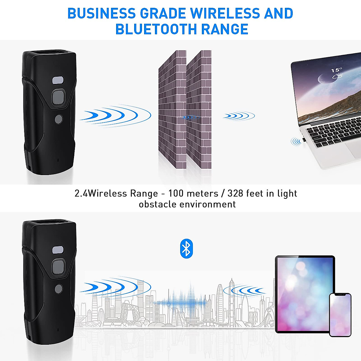 Bluetooth Barcode Scanner,JRHC Mini 2D Portable Wireless Barcode Scanner 3-in-1 Bluetooth & 2.4G Wireless & Wired Connection Barcode Reader Compatible with iOS, Android, Windows, Mac Tablets Or PC