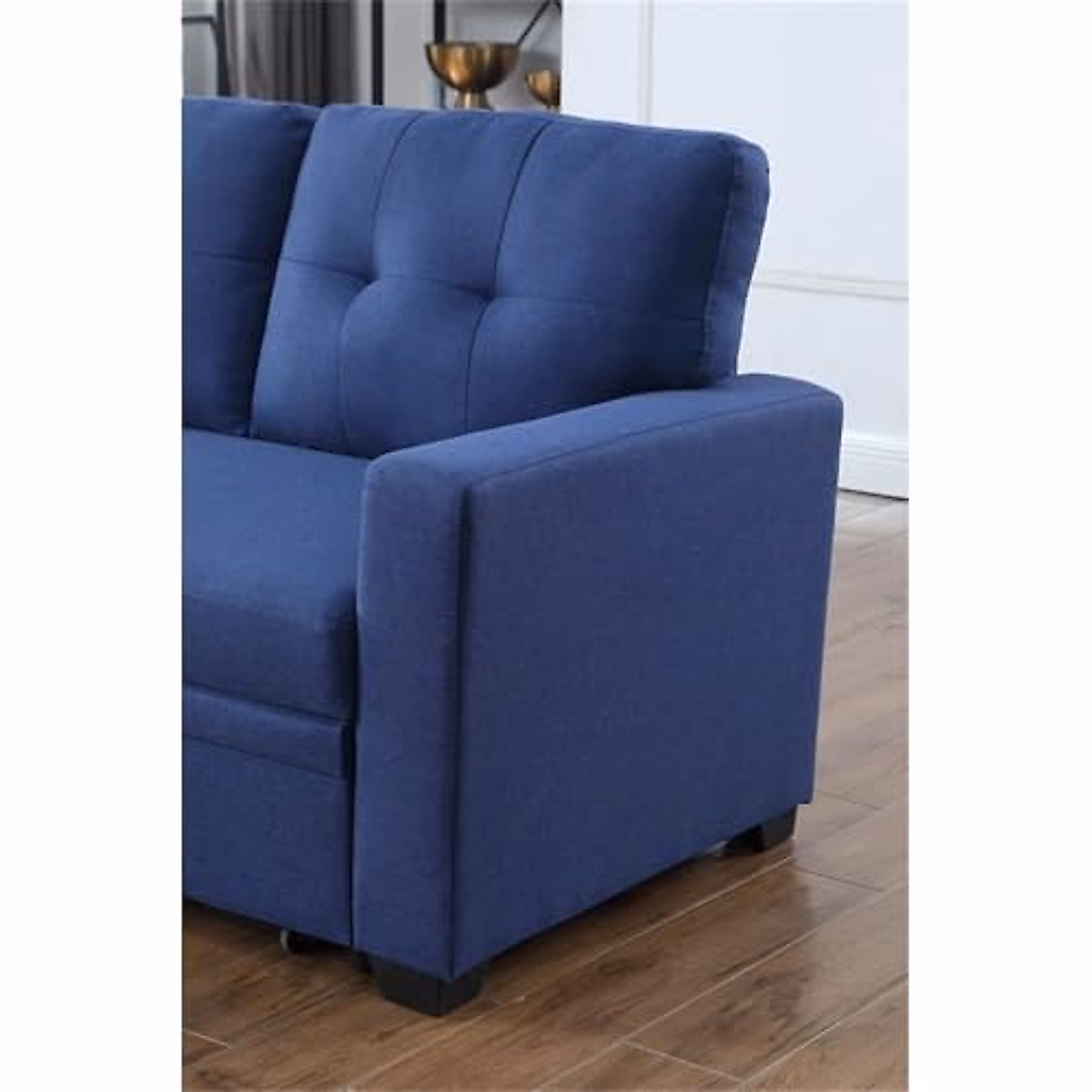 Devion Furniture L-Shaped Polyester Fabric Reversible, Easy Convertible Pull-Out Sleeper Sectional Sofa/Storage Chaise with Tufted Back Cushions and Track Arms in Blue