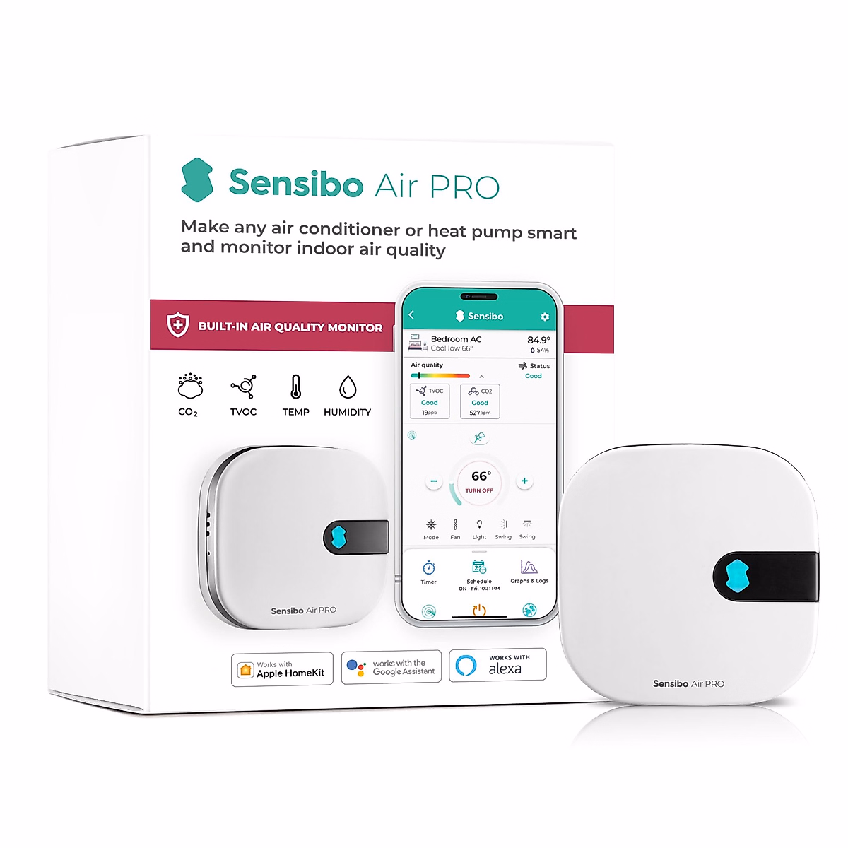 Sensibo Air PRO - Air Conditioner Smart Controller & Air Quality Sensor. Smart Thermostat for Mini Split, Window, Portable AC. Temp & Humidity Sensors. Google, Alexa, Siri & Apple HomeKit Compatible