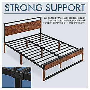 Yaheetech Queen Metal Platform Bed Frame with Rustic Wooden Headboard and Footboard, Mattress Foundation/No Box Spring Needed/12 Inch Underbed Storage/Slats Support/No Noise/Easy Assembly, Mahogany