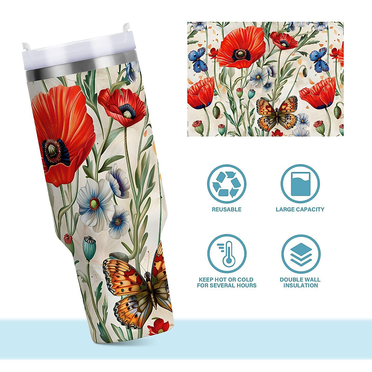 FENOCHE Red Poppy Flowers Butterfly 30 oz Tumbler Insulated Cups Stainless Steel Water Bottle with Handle Lid and Straw Tumblers for Car Cup Holder