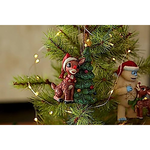 Enesco Jim Shore Rudolph The Red-Nosed Reindeer with Christmas Tree Hanging Ornament, 3.74 Inch, Multicolor