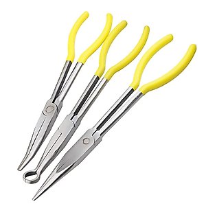 3-piece 11 Inch Long Reach Long Nose Pliers 25 degrees plier, circle plier,work for Mechanics Technicians and Contractors Work with Delicate or Difficult-to-Reach Pieces Milled-Jaws Steel Needle Nose
