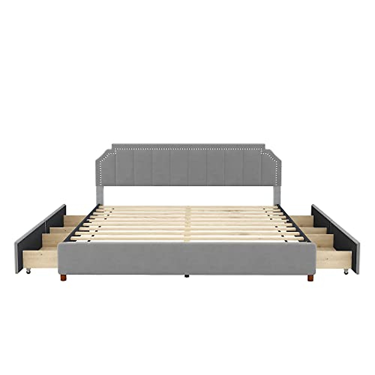 King Szie Storage Upholstered Platform Bed Set with 4 Storage Drawers and Headboard, Solid Wood Velvet Upholstery Platform Bed Bedframe with Storage for Kids Teens, Boys & Girls ,Gray Platform Bed