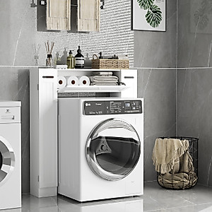 Over The Toilet Storage Cabinet, Bathroom Space Saver with Paper Holder and Adjustable Shelves, Freestanding Toilet Cabinet Organizer with 2 Side Doors and Pull-Down Door, White