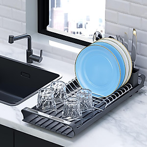 TOOCA BEAR Expandable Small Dish Drying Rack, Dish Racks for Kitchen Counter Dish Drainer with Removable Cutlery Holder, Dish Racks for Sink, Grey