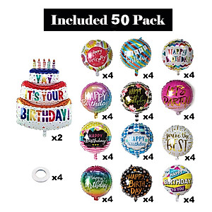 50 Pieces Happy Birthday Foil Balloons 18" Party Aluminum Foil Inflatable Balloon Round Helium Balloons for Birthday Parties Baby Shower Decorations Supplies