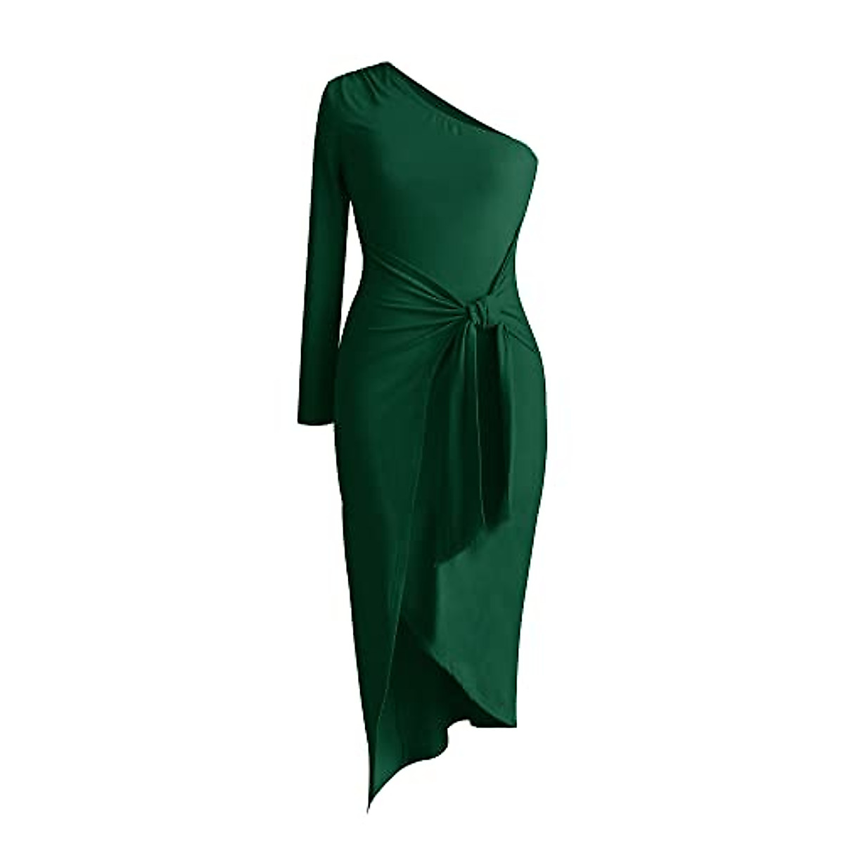 BTFBM Women Elegant Long Sleeve One Shoulder Cocktail Dress Bodycon Ruched Tie Waist Wrap Dress Solid Color Midi Party Dress(Solid Dark Green,Small)