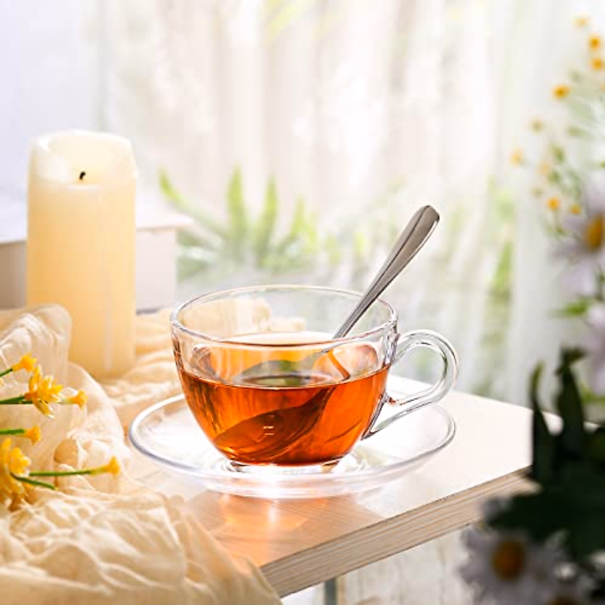 6.4 oz Espresso Cups Demitasse Clear Glass Espresso Drinkware Demitasse Cups Espresso Cups with Saucers Set Tea Cup and Saucer Set of 6 with Stainless Steel Mini Spoon for Hostess Coffee Lover