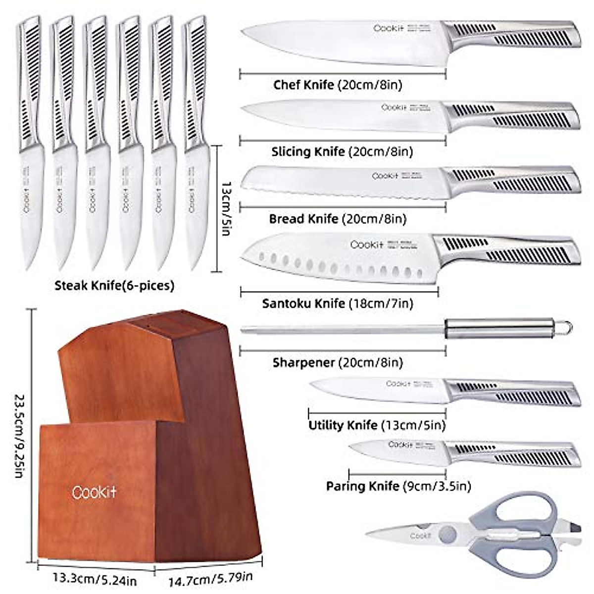 Kitchen Knife Set, Cookit 15 Piece Knife Sets with Block Chef Knife Stainless Steel Hollow Handle Cutlery with Manual Sharpener