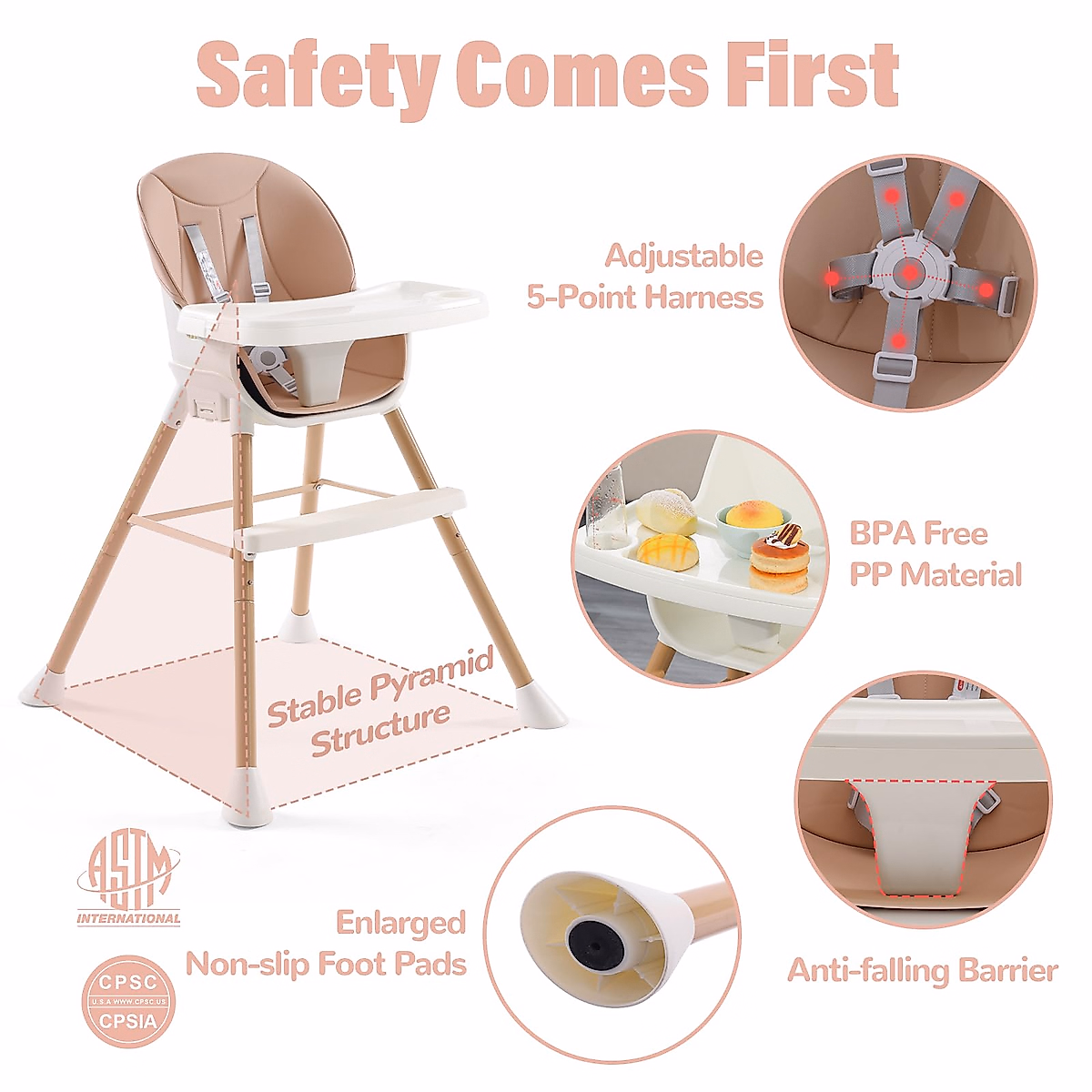 6-in-1 Convertible High Chair for Babies and Toddlers, Baby Feeding Chair with Adjustable Legs & Double Dishwasher Safe Tray, Infants Eating Chair with Footrest&Safety Harness for Boys Girls, Pink