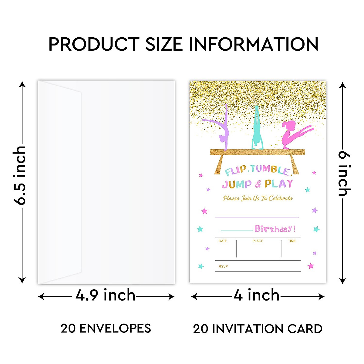 YUEXLL Gymnastics Birthday Party Invitations Cards with Envelopes, Gymnastics Party Invitations, Jump Birthday Celebration Supplies, Double-sided Fill-in bday Invites for Boys Girls- A21