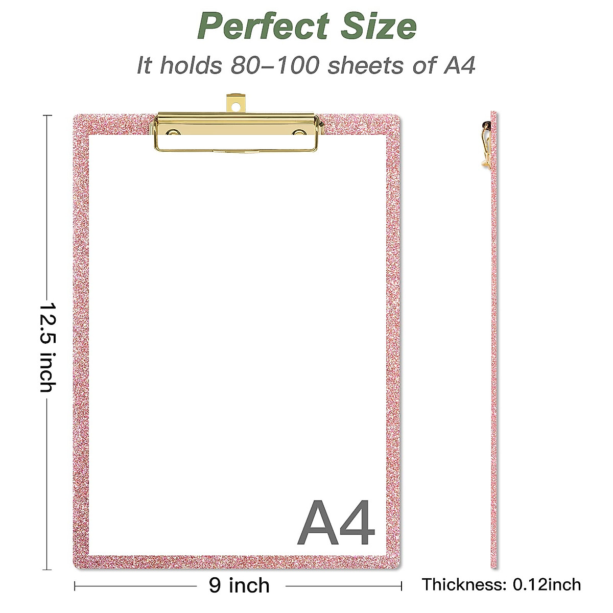 Rimilak Acrylic Glitter Clipboards, Sparkly Board with Low Profile Gold Clip, Designed for Classroom School and Office Use, A4 Letter Size 9 x 12.5 in, Rose Gold