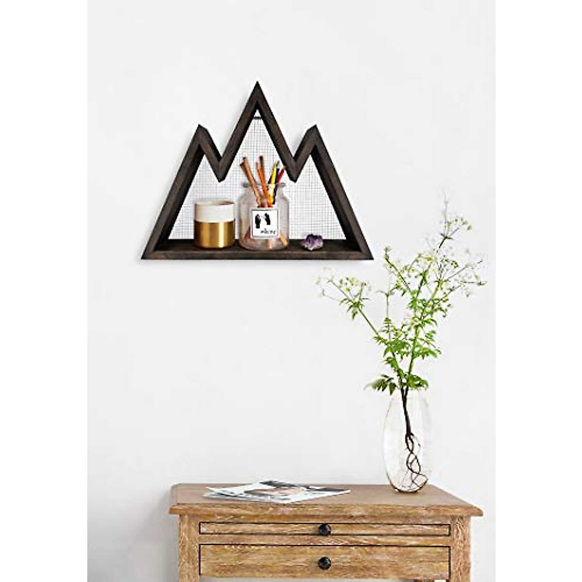 Mkono Mountain Shelf, Floating Wall Shelf Rustic Wood Display Shelving for Crystal,Photo,Plants, Woodland Nursery Decor, Modern Geometric Wall Art Home Decor for Bedroom,Living Room, Office