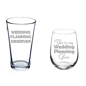 MIP Brand Set of 2 Glasses Stemless WINE & Beer PINT Glass Wedding Planning Funny Engaged Couple