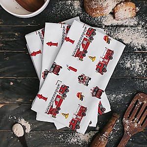 Kitchen Towels Cleaning Cloths, Fire Truck Hard Hat Barricade Extinguisher on White Texture Dish Towels for Kitchen, Pack of 3 Absorbent Hand Towels Reusable Tea Towels,Bar Towels,18x28 Inch