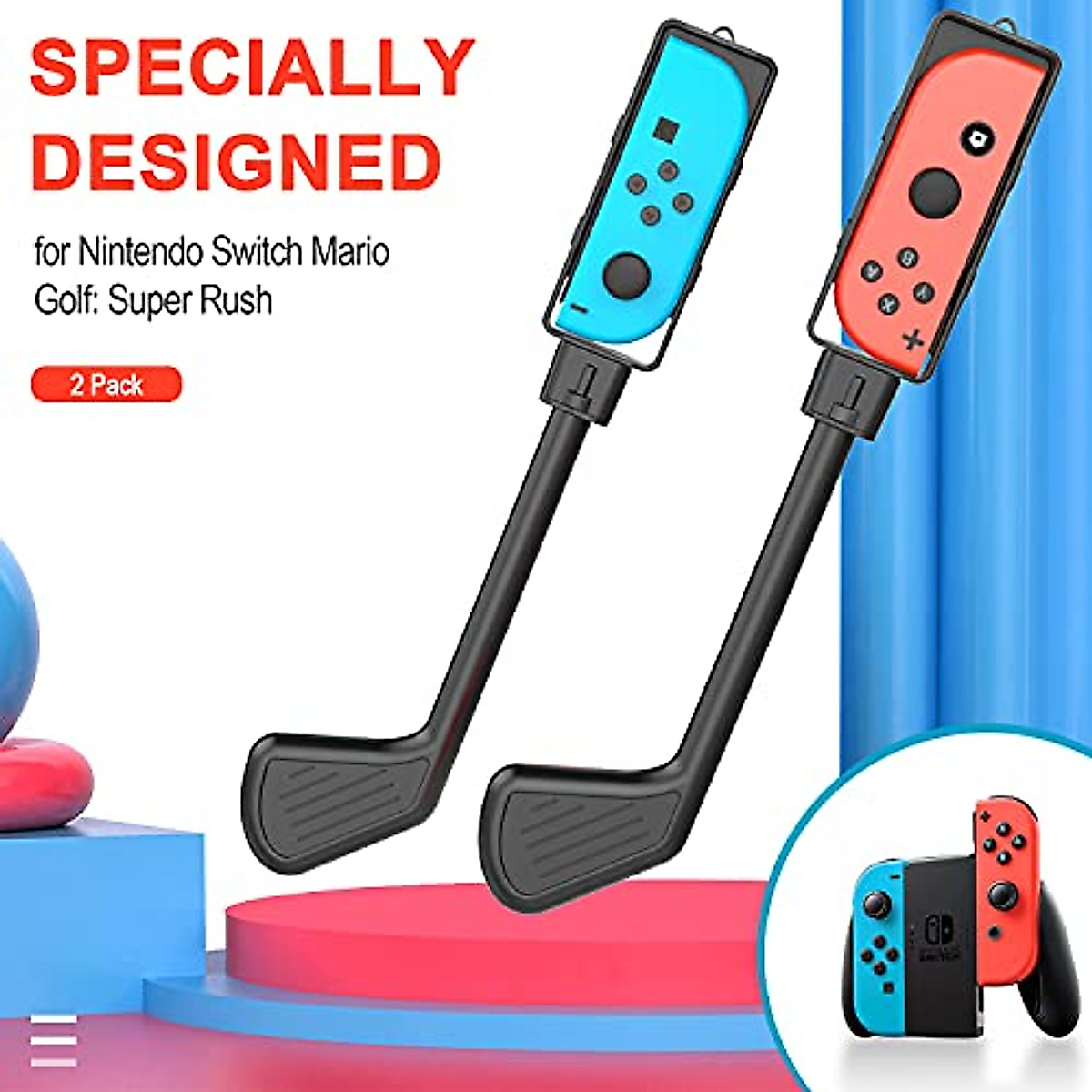 TiMOVO Golf Clubs Compatible with Nintendo Switch Mario Golf: Super Rush Game/Switch Sports, 2 Pack Golf Handle with Hand Strap Game Accessories Golf Grips Fit Switch/Switch OLED Controller, Black