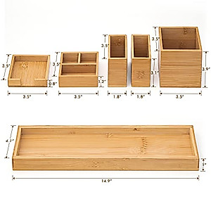 ROCDEER Bamboo Vanity Tray, 6-Piece Bathroom Countertop Vanity Tray Set, Makeup Kitchen Desk Organizer and Storage - Holds Small Items