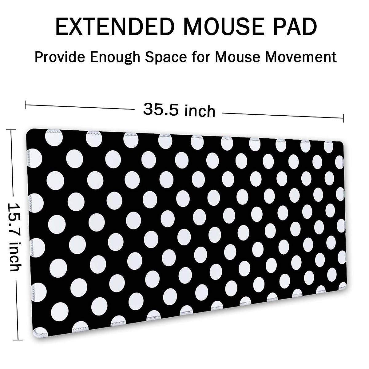 SSOIU Extended Gaming Mouse Pad (35.5x15.7 in), Large Stable Rubber Base Mousepad with Stitched Edges, Keyboard Mouse Mat Desk Pad for Work, Game, Office, Home - Black and White Polka Dot
