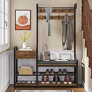 Itaar Hall Tree, Entryway Bench, Coat Rack Shoe Bench, Shoe Storage and Storage Drawer, Soft Cushion and Hanging Rod for Living Room, Bedroom, Rustic Brown