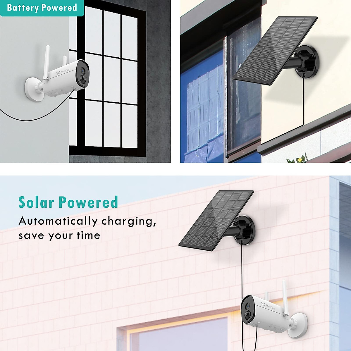 Solar Panels for DC 5V Outdoor Rechargeable Battery Camera, Solar Panel for Security Camera, Solar USB Charger with Micro USB & USB-C Port, 9.8ft Cable, Adjustable Wall Mount, IP65 Waterproof, 2 Pack