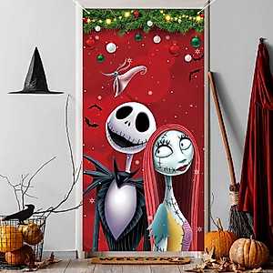 Nightmare Before Christmas Door Cover Jack Skellington Sally Zero Photo Backdrop Halloween Christmas Xmas Winter Holiday Decorations and Supplies for Home Party