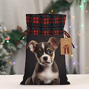 EVANEM Christmas Gift Bags with Drawstring Burlap Gift Bags Cute Dog Christmas Linen Bags for Xmas Party Candy Bags with Cards Xmas Reusable Wrapping Bags Christmas Linen Treat Bags for Holiday
