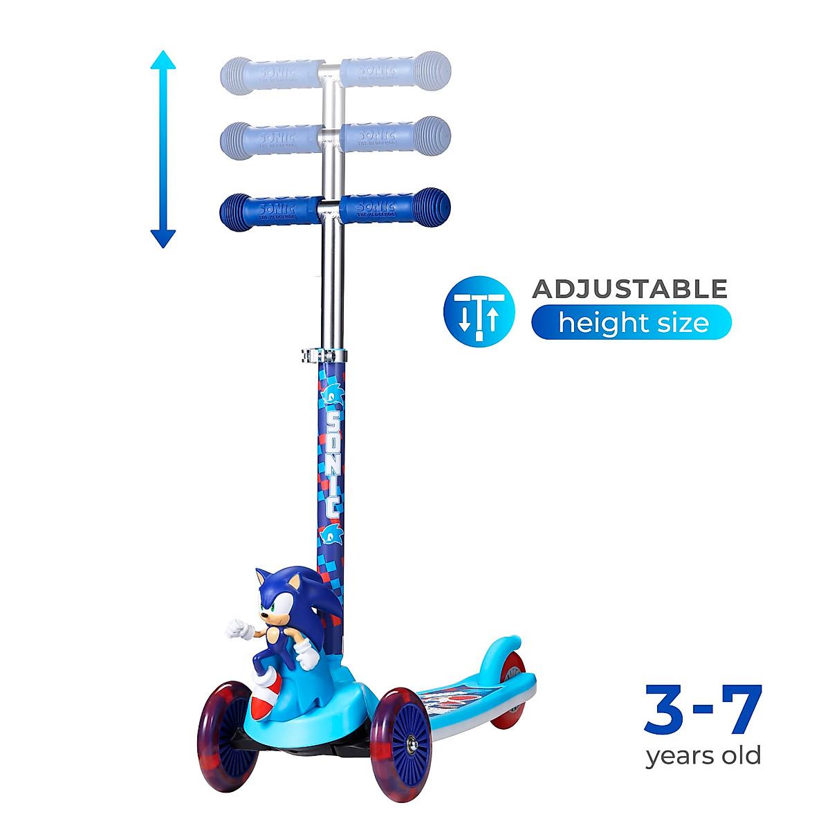 Sonic The Hedgehog 3D Kick Scooter for Kids, Self-Balancing 3 Wheeled Light Up Scooter with Extra Wide Anti-Slip Deck, Rear Brake, Lean to Steer, Lightweight Design, for Kids 3 and up, 75 LB Limit