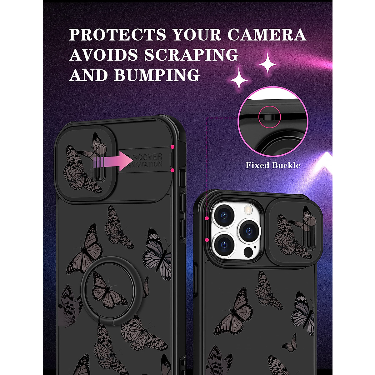 Goocrux (2in1 for iPhone 13 Pro Max Case for Women Butterfly Girls Girly Phone Cover Cute Black Butterflies Unique Design with Slide Camera Cover+Ring Holder Fashion Cases for Apple 13 Pro Max 6.7''