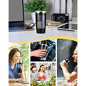 KIKERRO Thin Blue Line Police Officer Gifts - Cops Officer Valentine's Day Gift Coffee Cup - 20oz Stainless Steel Double Wall Insulated Tumbler, Black