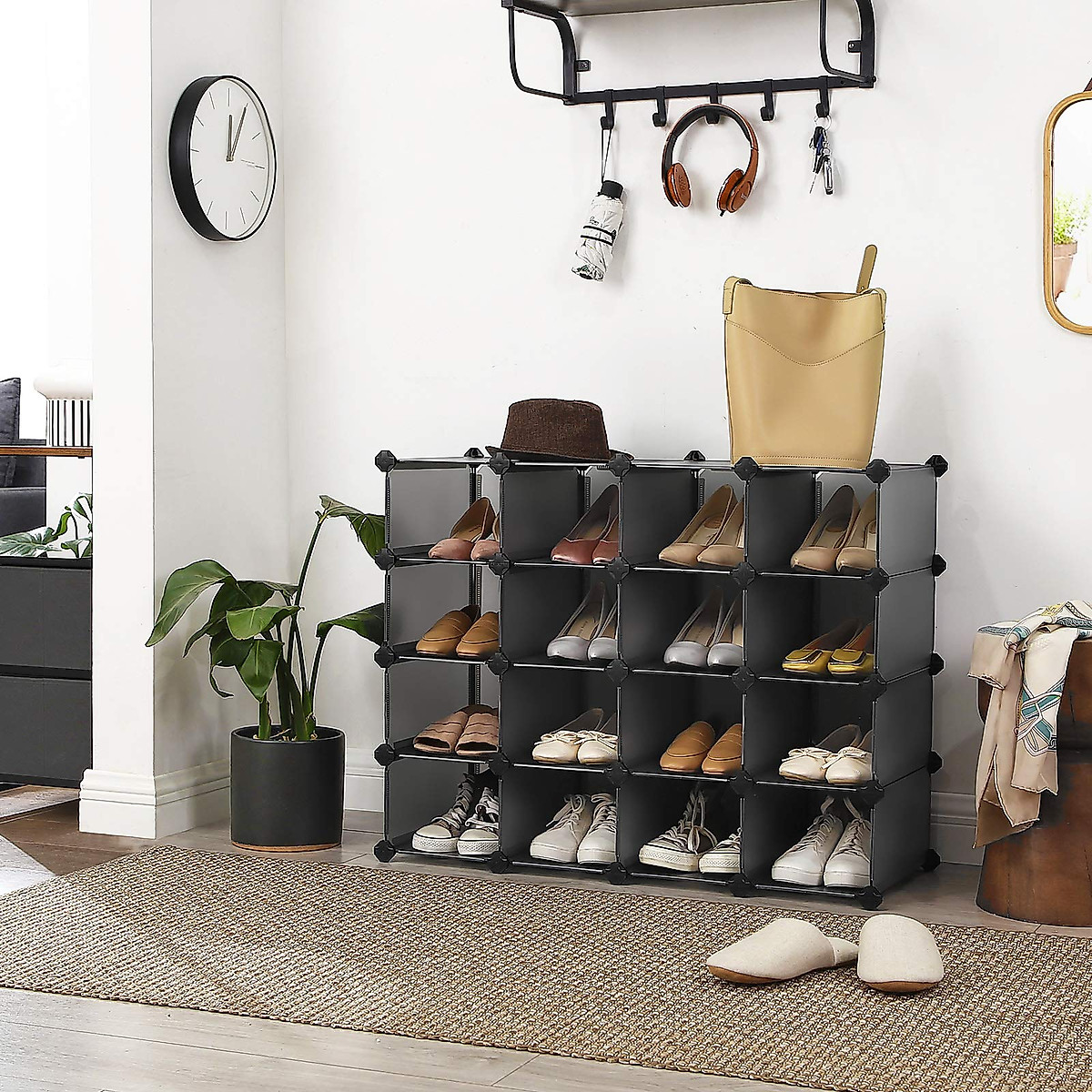 SONGMICS Shoe Rack, Space-Saving 15-Count Plastic Shoe Storage Organizer Unit, Shoe Cabinet, Ideal for Entryway Hallway Closet Garage, 14.2 x 44.5 x 34.6 Inches, Grey ULPC445G01