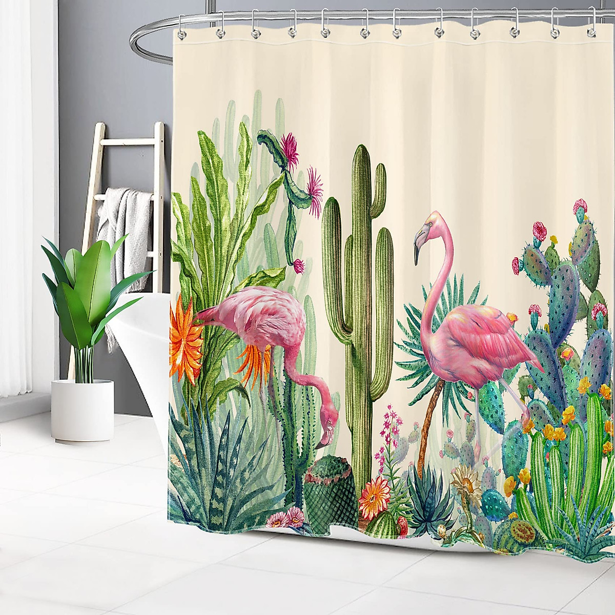 HVEST Cactus Flamingo Shower Curtain for Bathroom, Tropical Green Succulent and Pink Flamingo on Beige Shower Curtain with Hooks, 72X72 inches Sage Green Plant Polyester Fabric Bathroom Curtain