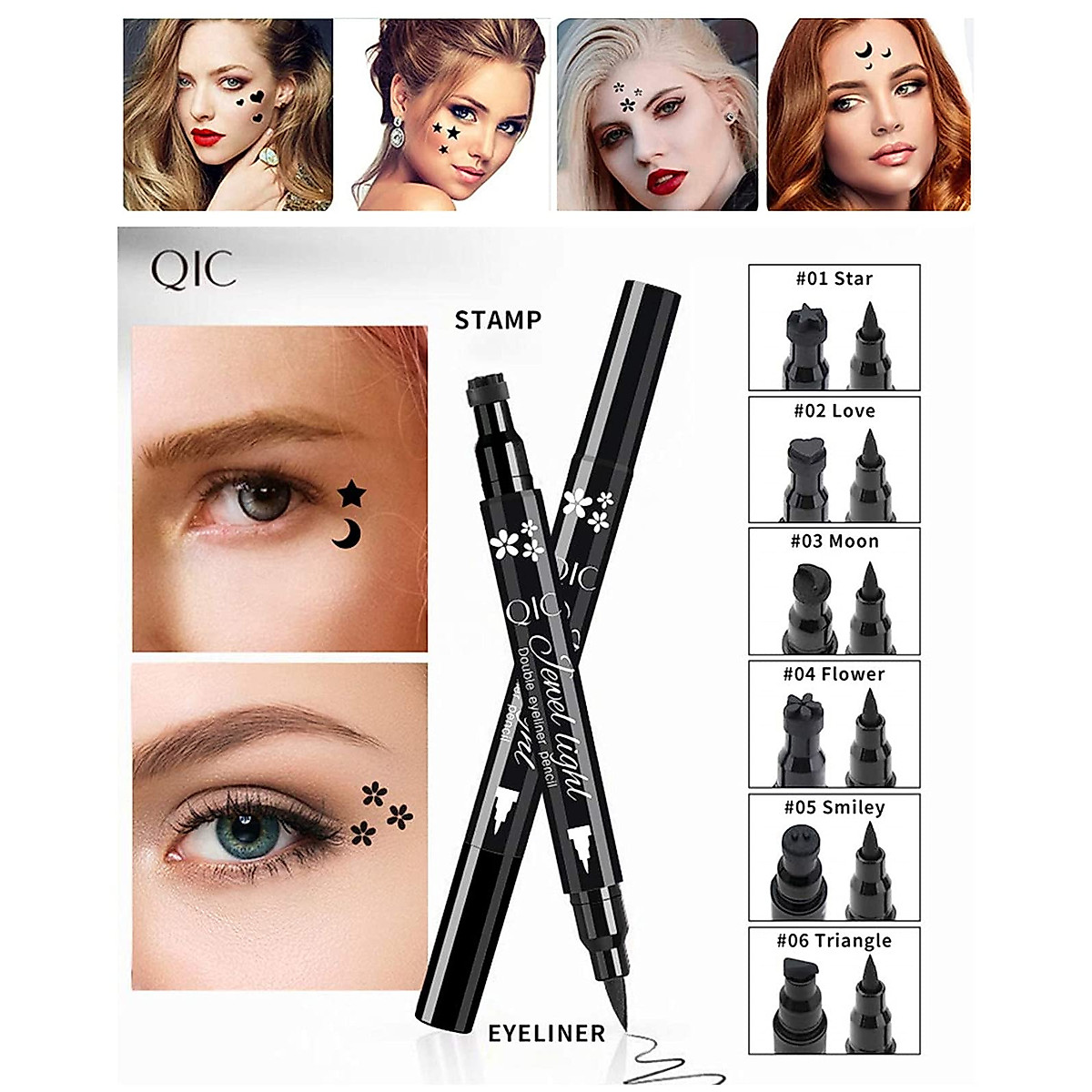 Go Ho 6 PCS Eyeliner Stamps,Double-sided Super Slim Gel Felt Tip High Black Eye Liner Pen,Waterproof Smudge-Proof Smooth Eyeliner Makeup Tools（6 Shapes）