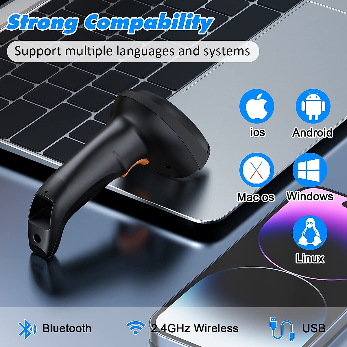 Alacrity Bluetooth Wireless Barcode Scanner 328 Feet Transmission Distance USB Cordless 1D CCD Automatic Barcode Reader Handhold Bar Code Scanner with USB Receiver for Store, Supermarket, Warehouse