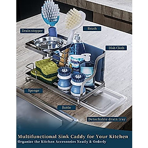 Consumest Kitchen Sponge Holder Sink Caddy, Double-layer Soap Sponge and Brush Holder with Removable Drain Tray, SUS304 Stainless Steel Kitchen Sink Organizer, Silver (8.26 × 4.72 × 5.11 inch)