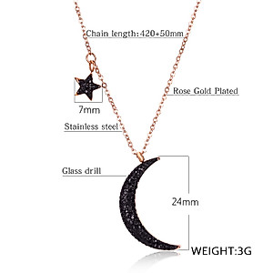 TEMICO Rose Gold Plated Stainless Steel Black Crystal Cubic Zirconia Star Moon Crescent Pendant Necklace for Women