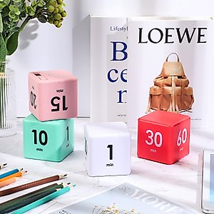 Cube Timer 4 Pieces Gravity Sensor Flip Timer Kids Timer Digital Cube Workout Timer Kitchen Timer for Time Management Home Study, 1 3 5 10 Minutes and 15 20 30 60 Minutes (White, Red, Pink, Green)